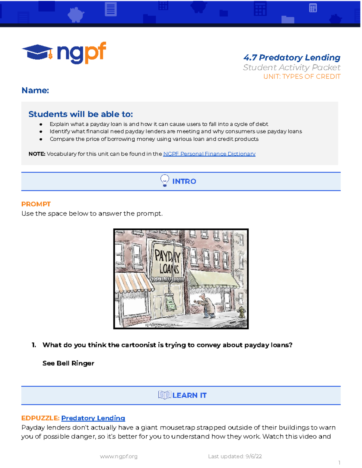 Predatory lending - 4 Predatory Lending Student Activity Packet UNIT ...