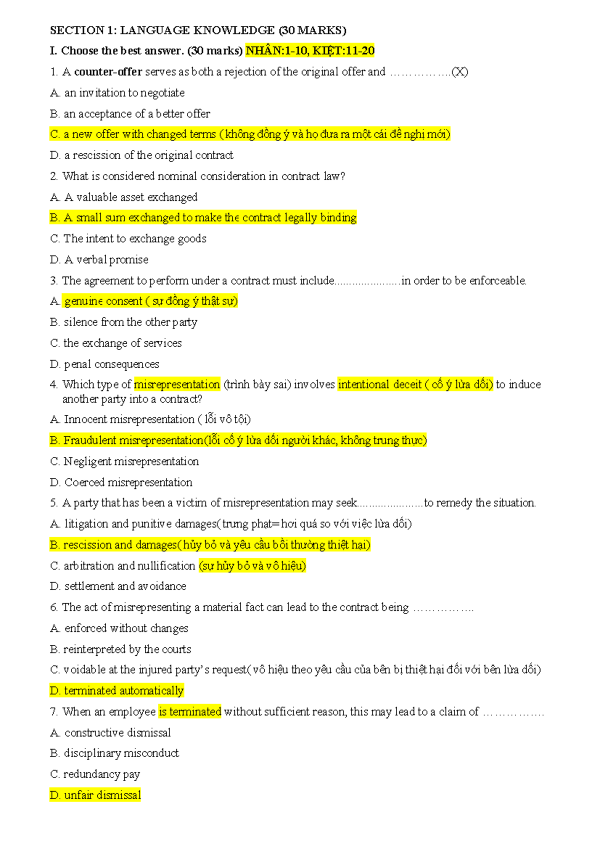 Sample test key - SECTION 1: LANGUAGE KNOWLEDGE (30 MARKS) I. Choose ...