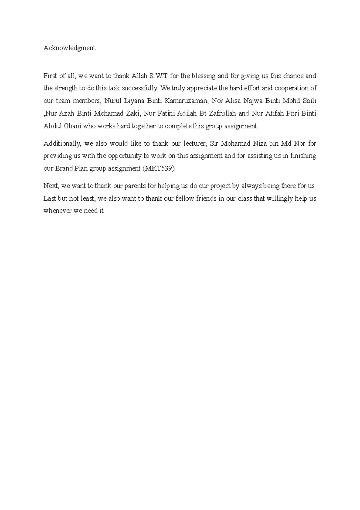 MKT539 yoo - Marketing assignment - Acknowledgment First of all, we ...