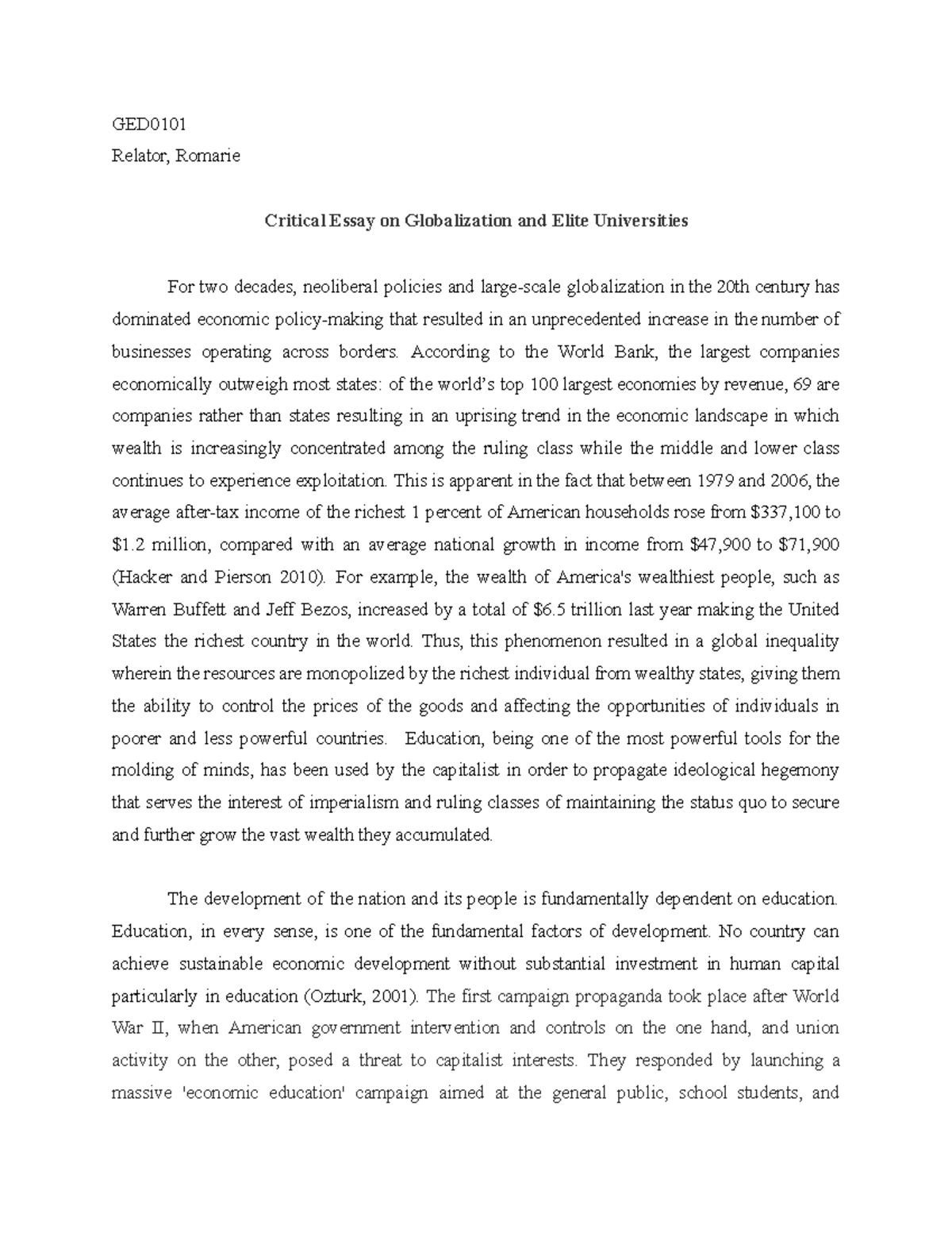 [CASE] Summative Assessment - GED Relator, Romarie Critical Essay on ...