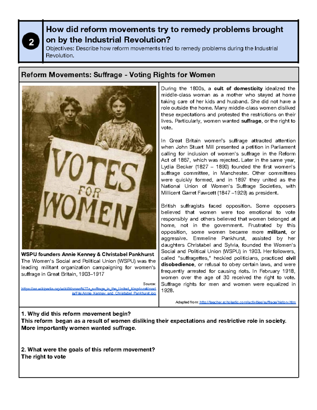 Industrial Revolution - Reform Movements: Suffrage - Voting Rights for ...