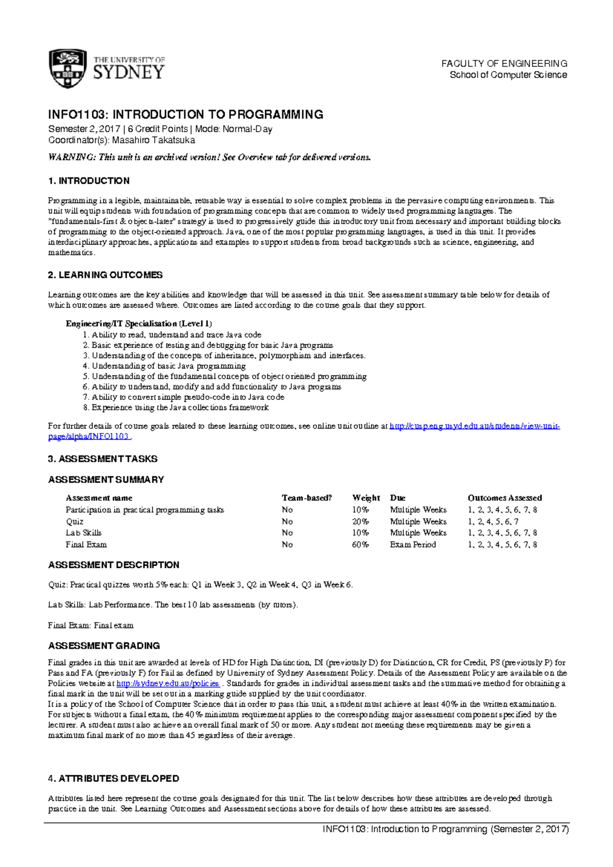 INFO1103 - Unit Outline - FACULTY OF ENGINEERING School of Computer Science INFO1103 ...