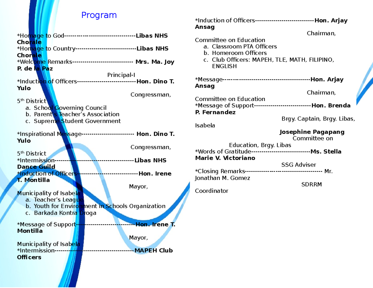 Induction Program - *Homage to God-Libas NHS Chorale *Homage to Country ...