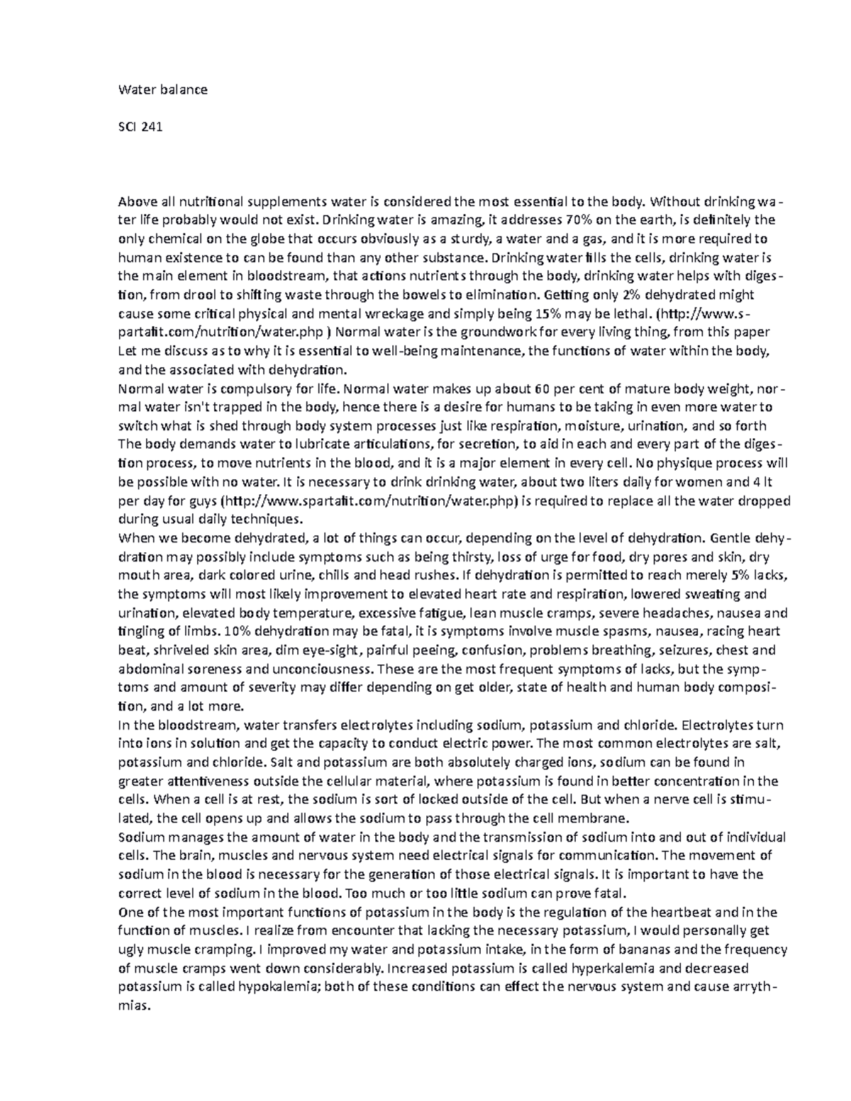 SCI 241 Hydration Paper 1 - Water balance SCI 241 Above all nutritional ...