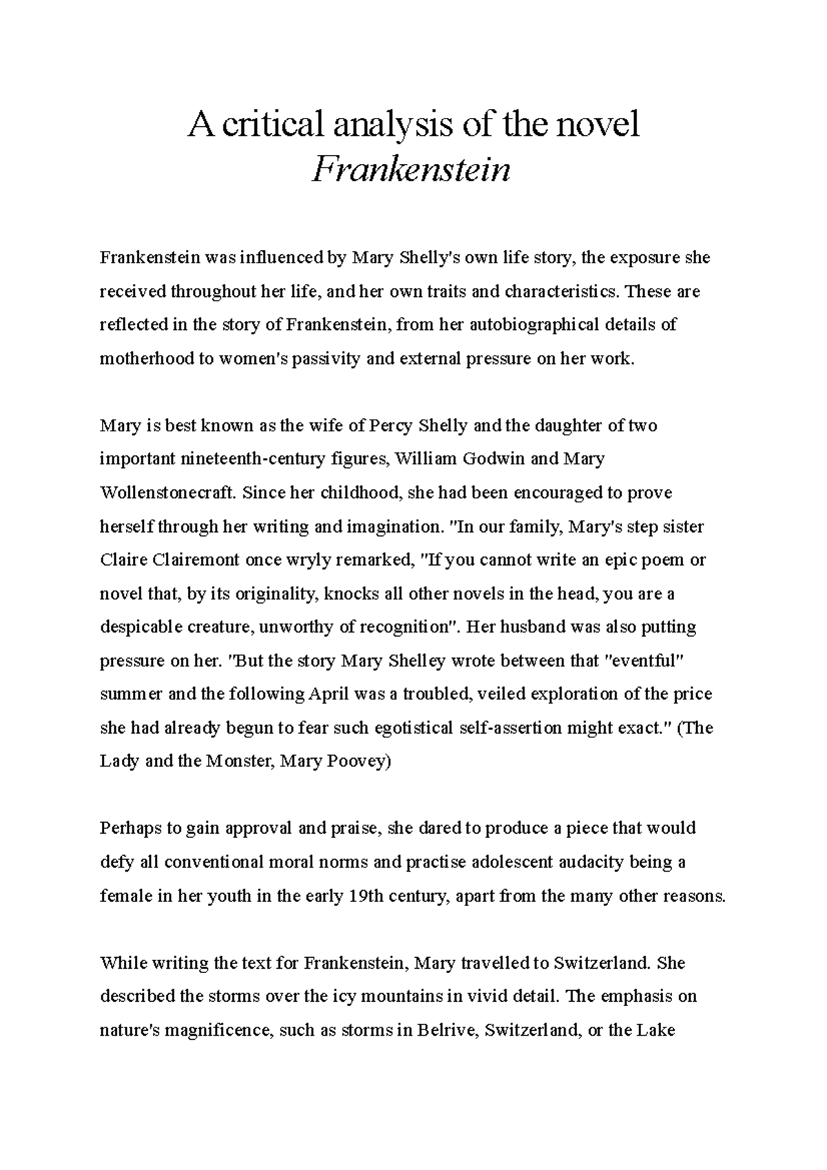 A critical analysis of the novel Frankenstein - A critical analysis of ...