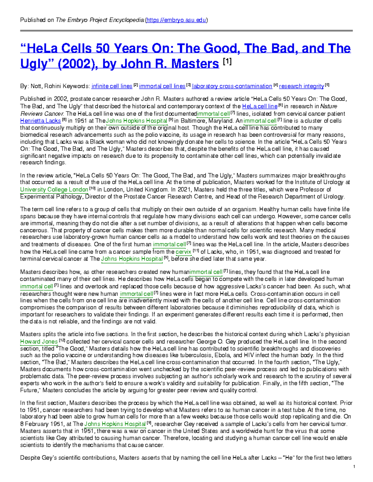 The embryo project encyclopedia - hela cells 50 years on the good the ...