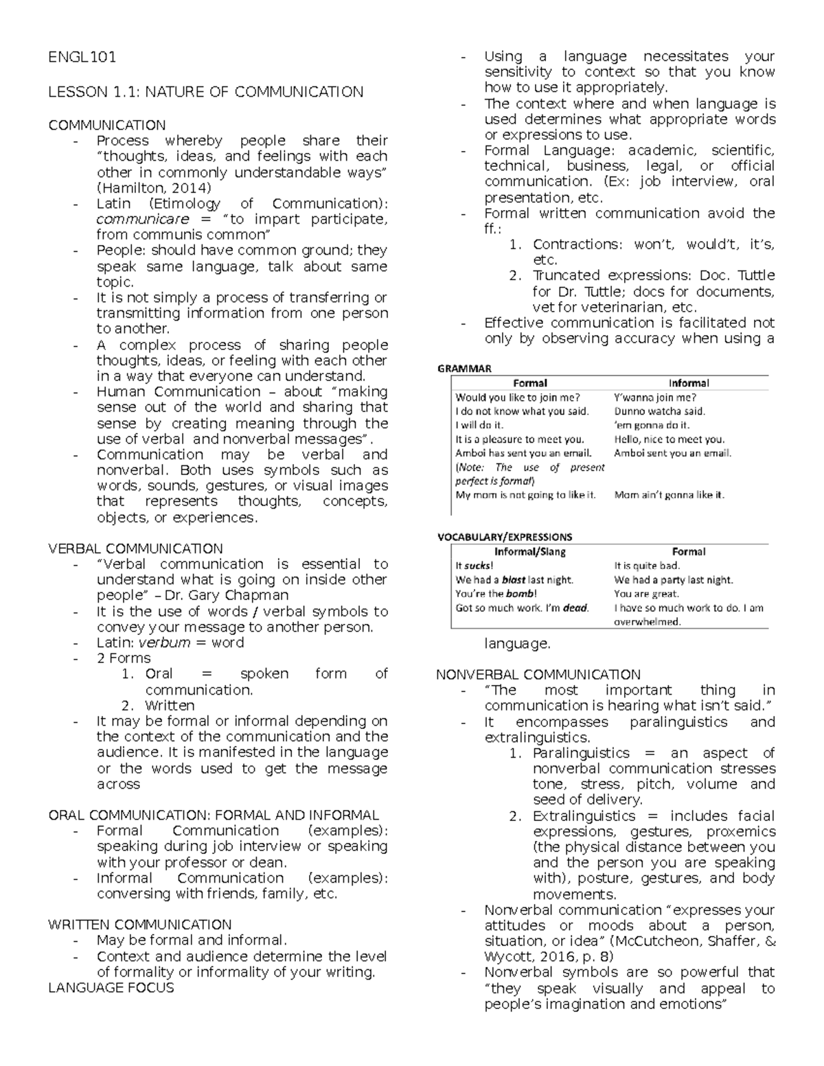 ENGL101 Notes - ENGL LESSON 1: NATURE OF COMMUNICATION COMMUNICATION ...