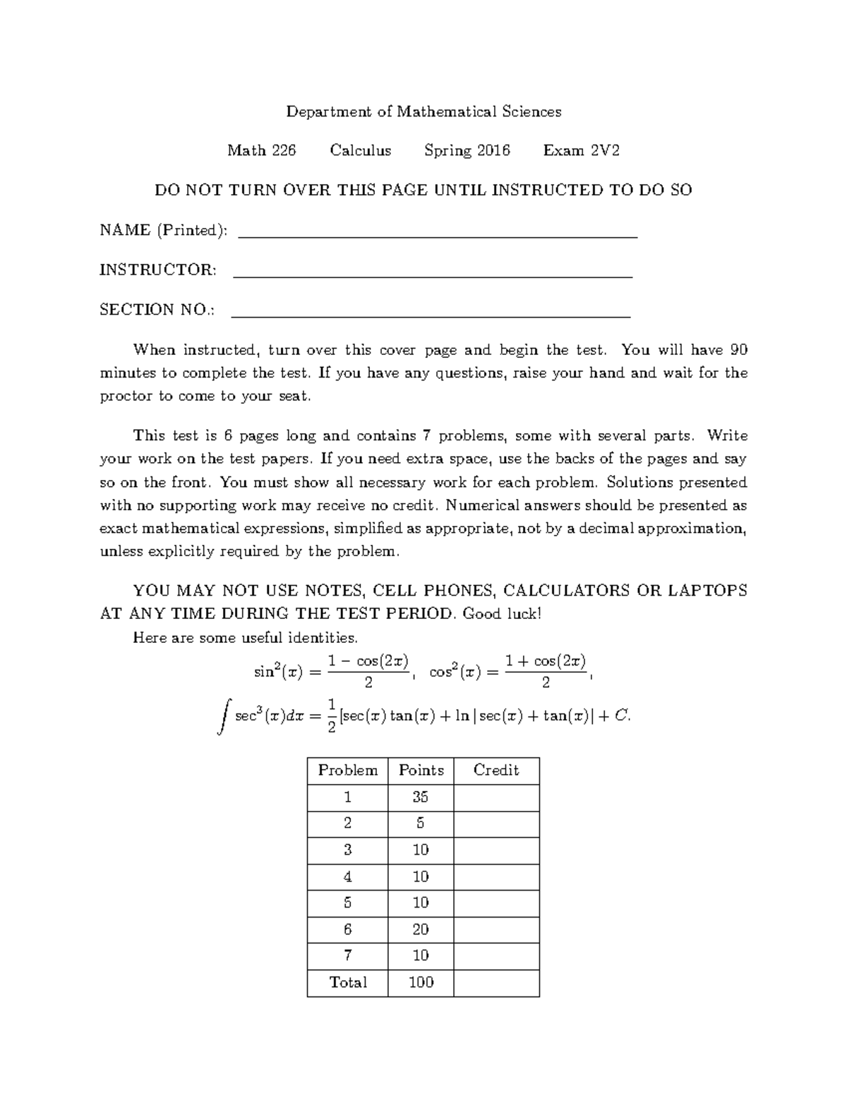 Math226 spr2016 exam2v2 - Department of Mathematical Sciences Math 226 ...