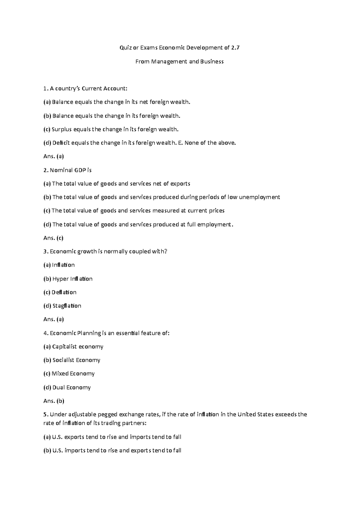 Quiz or Exams Economic Development of 2.7 From Management and Business ...