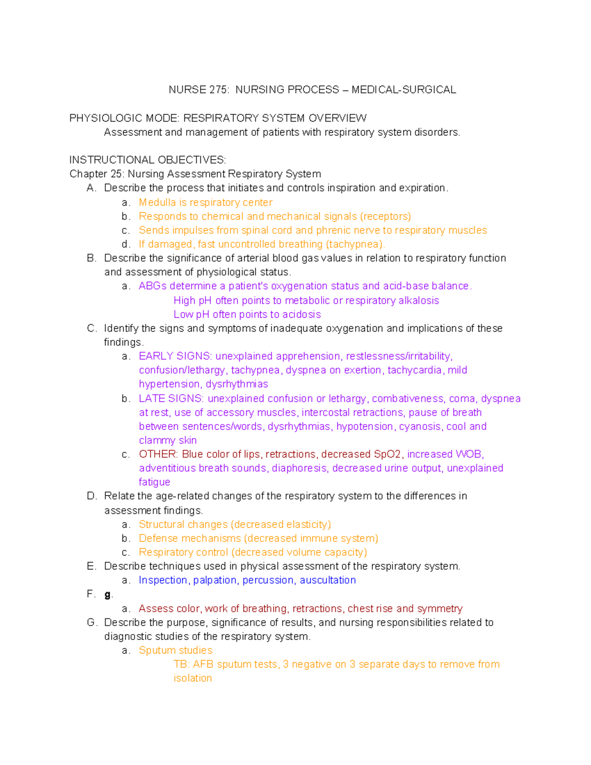 Respiratory Exam Study Guide - NURSE 275: NURSING PROCESS – MEDICAL ...