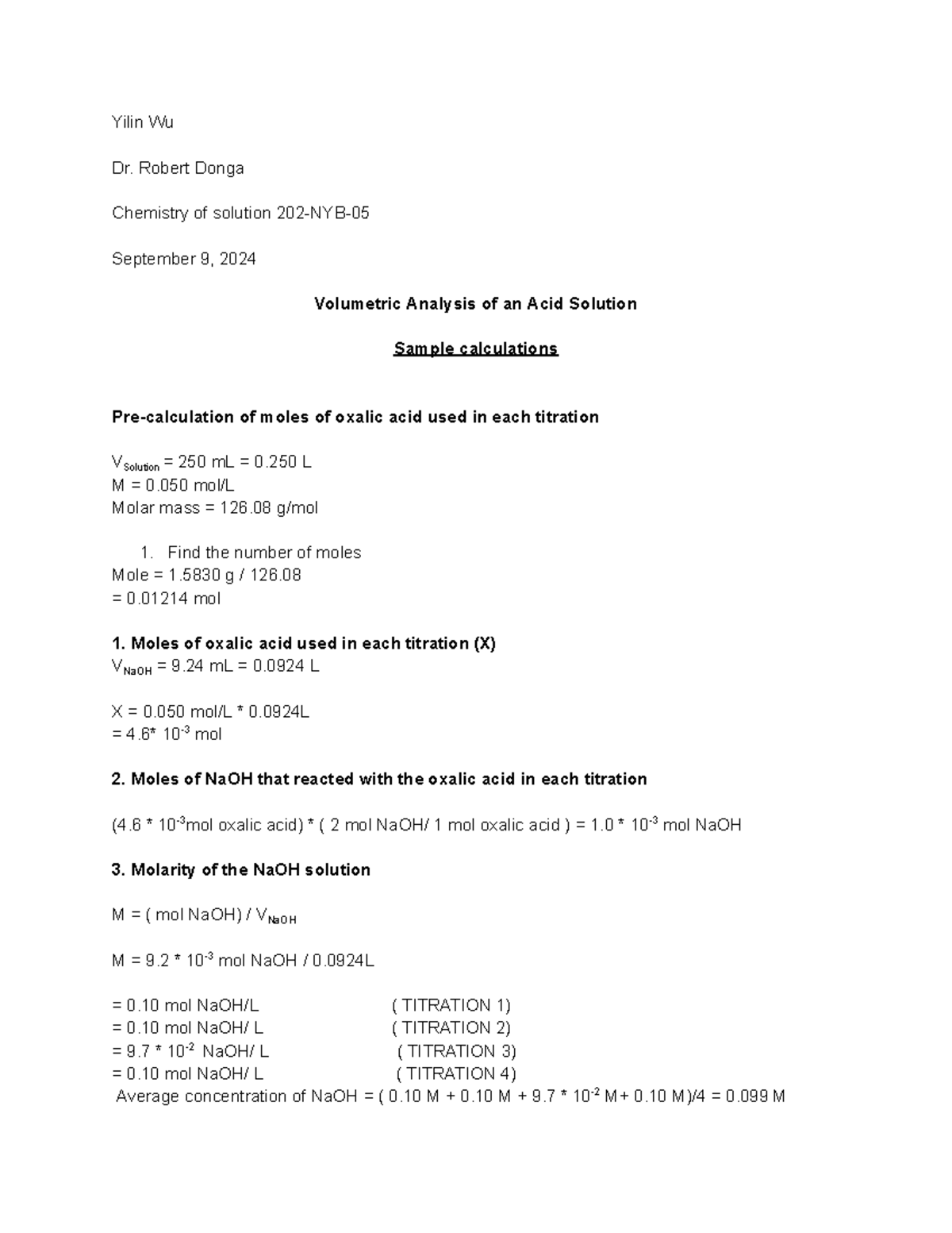 Volumetric Analysis - Yilin Wu Dr. Robert Donga Chemistry of solution ...