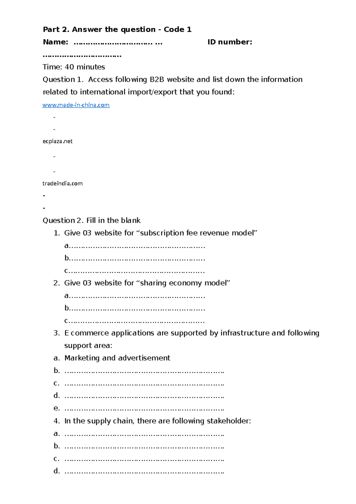 E-commerce midterm exercise - Part 2. Answer the question - Code 1 Name ...