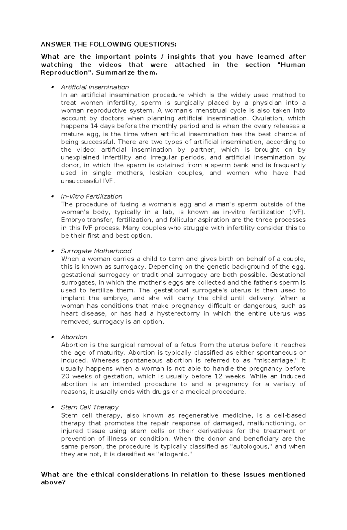 1 - Human Reproduction - ANSWER THE FOLLOWING QUESTIONS: What are the ...