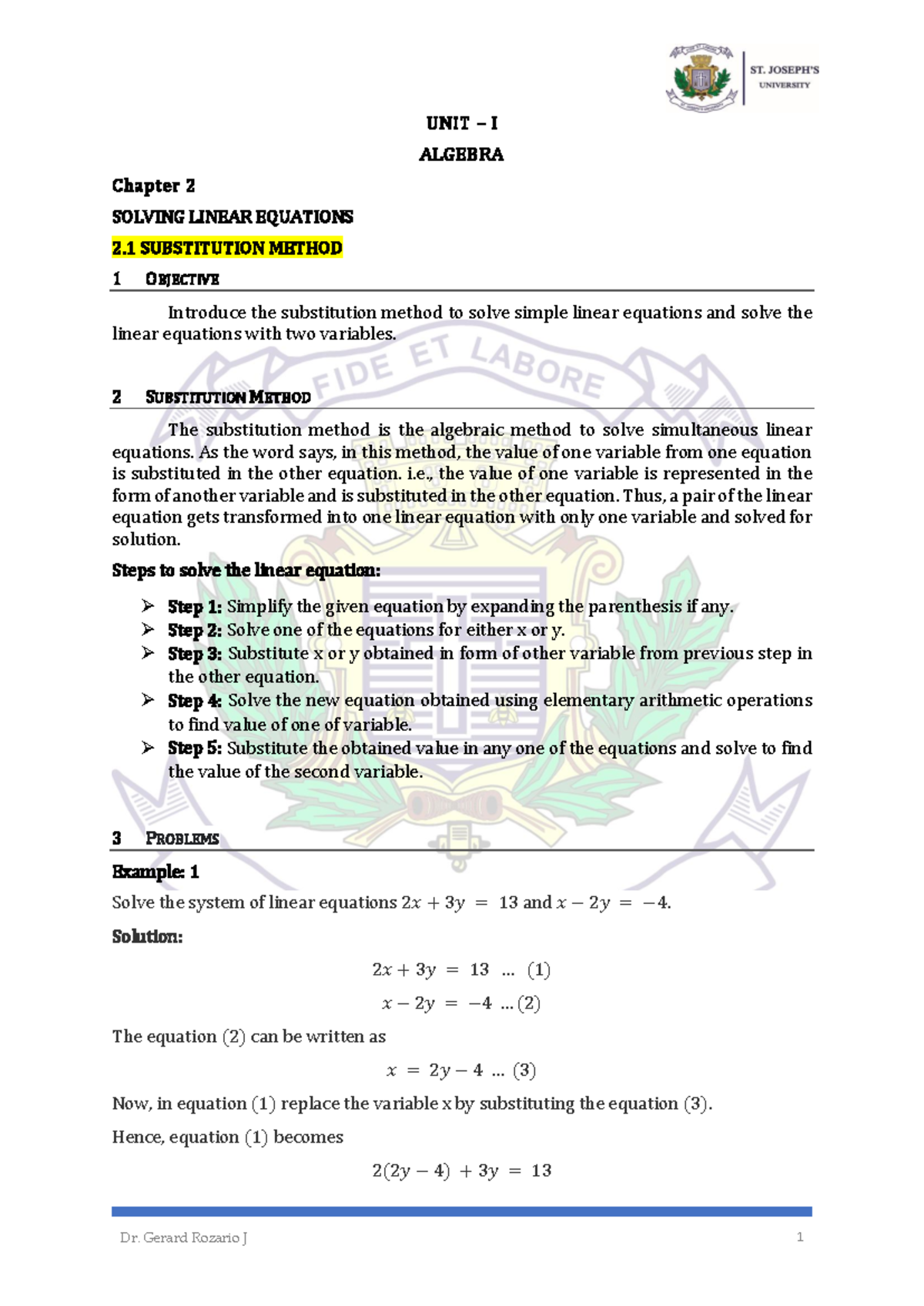 PDF 2 - business math - Dr. Gerard Rozario J 1 UNIT – I ALGEBRA Chapter 2 SOLVING LINEAR ...