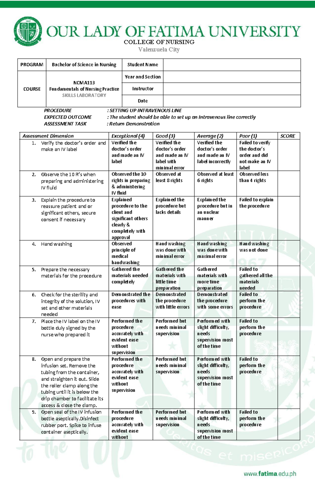 Copy of 2021 Rubrics Setting UP Intravenous LINE - COLLEGE OF NURSING ...