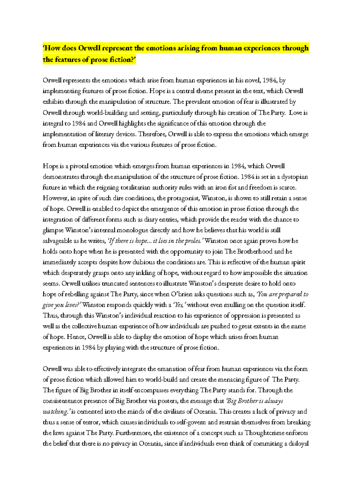 1984 Essay - ‘How does Orwell represent the emotions arising from human ...