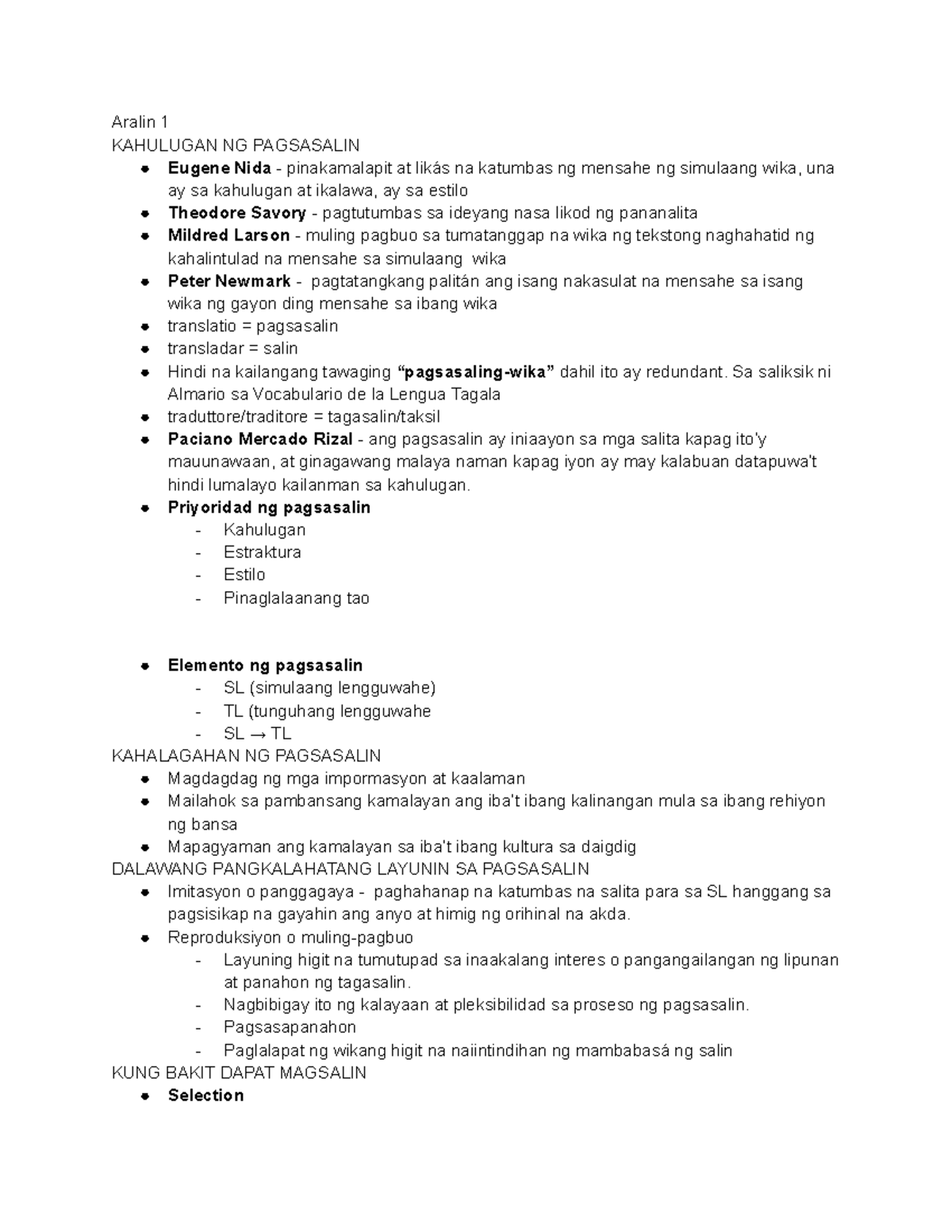Quiz 1 - Panimulang Pagsasalin lecture notes - Aralin 1 KAHULUGAN NG ...