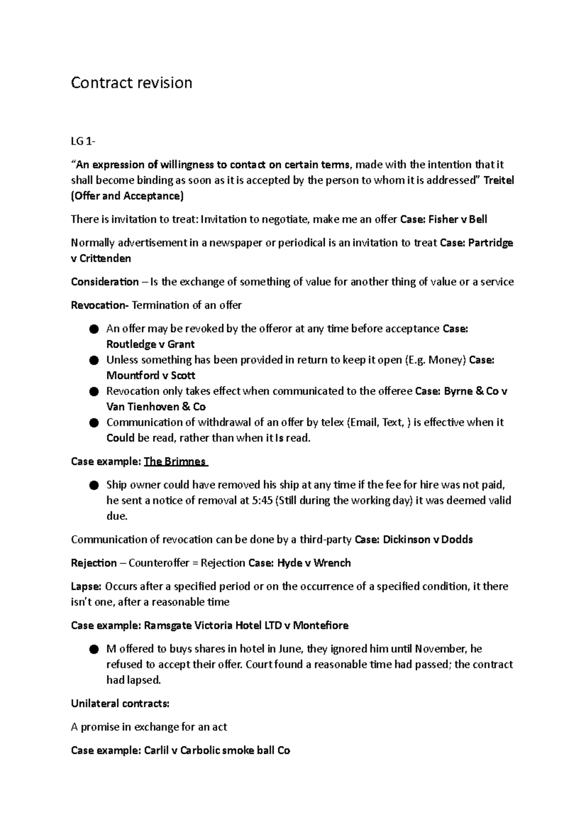 Contract revision - Money) Case: Mountford v Scott Revocation only ...