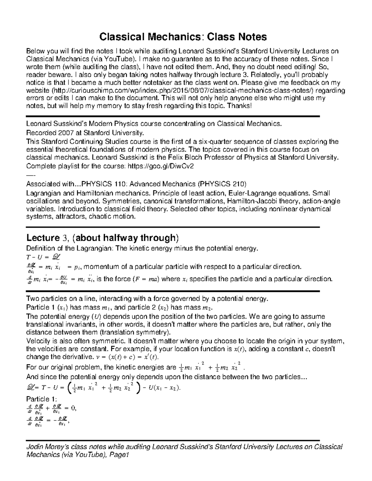 Classical Mechanics Leonard Susskind Class Notes - Classical Mechanics ...
