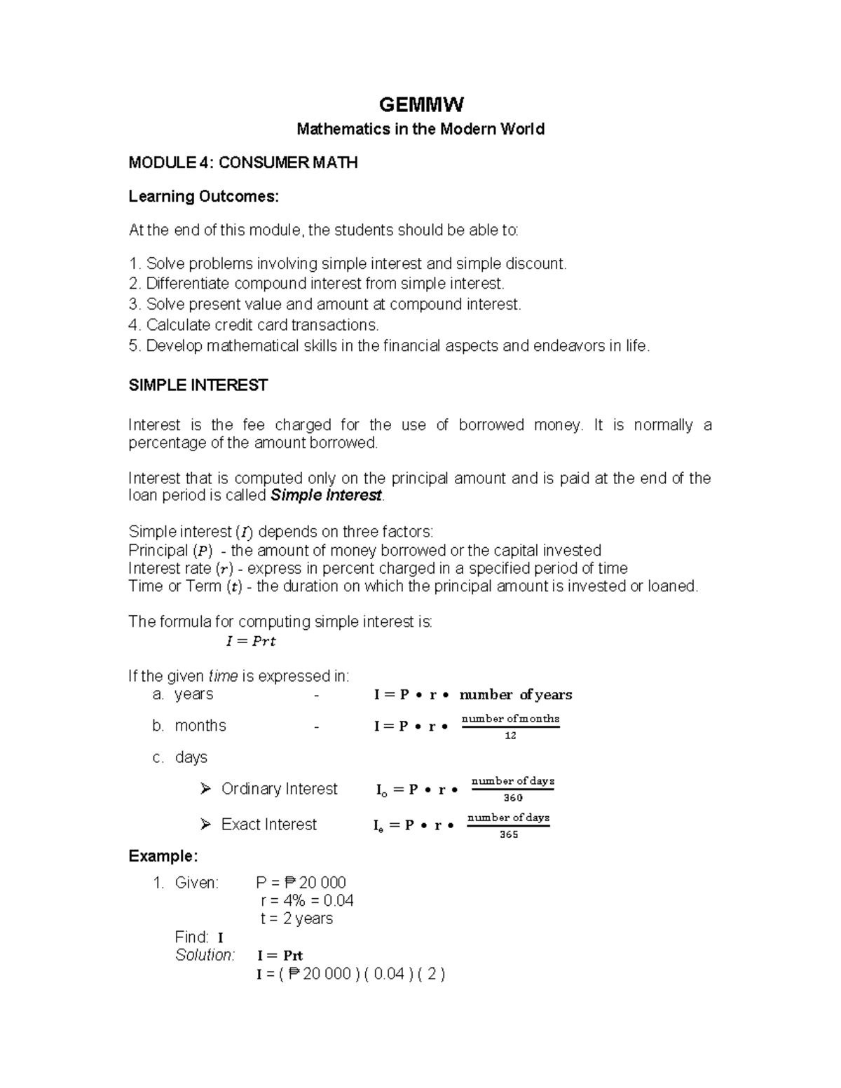 Module 4 - Consumer Mathematics - Lecture Only - *(00: 0DWKHPDWLFV LQ ...