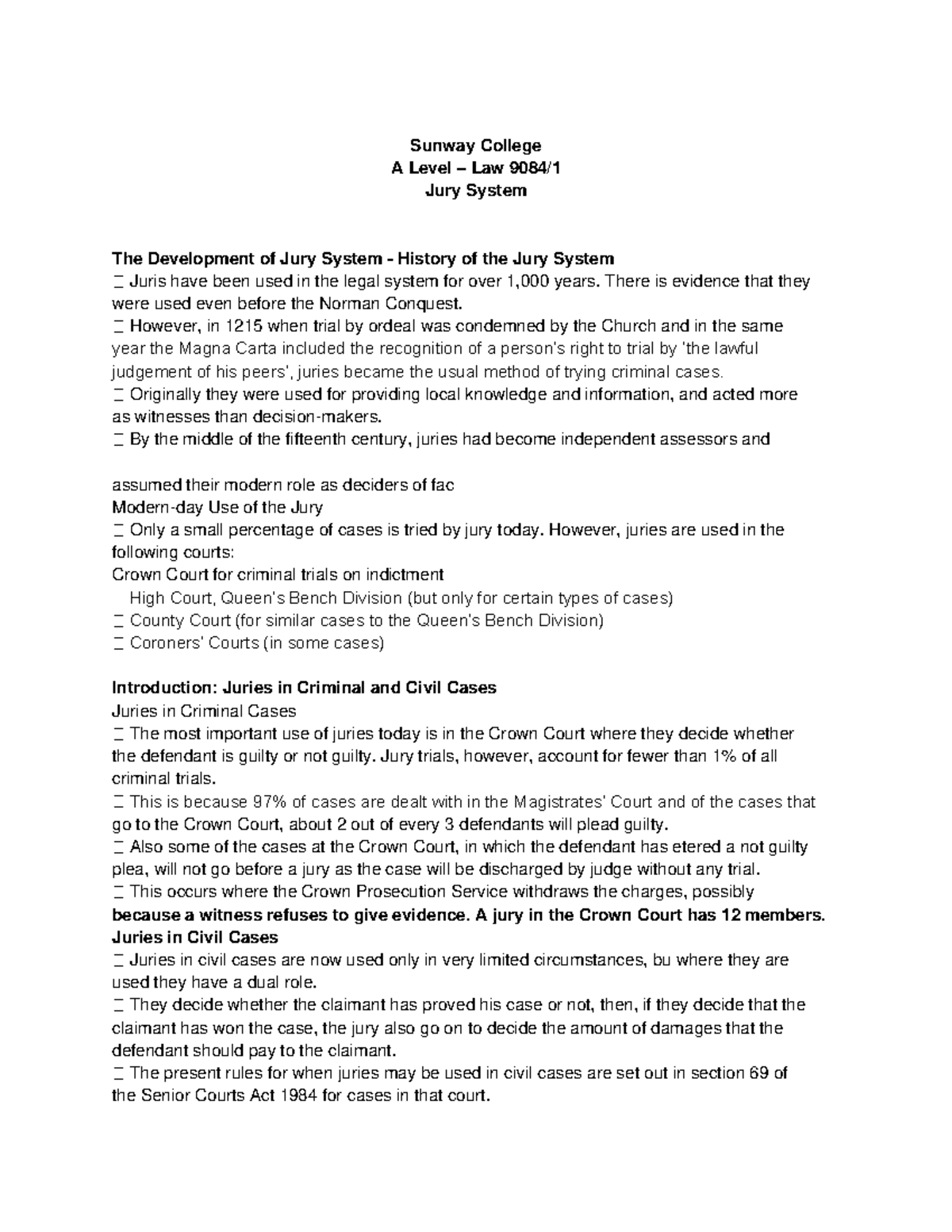 Jury Notes - Sunway College A Level – Law 9084/ Jury System The ...