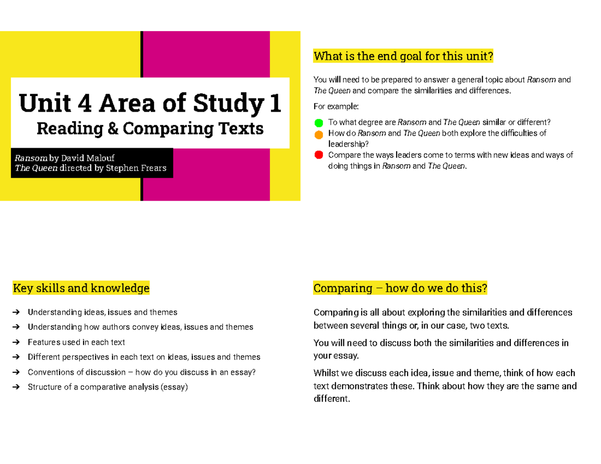 Part 1 and 2 Ransom - Unit 4 Area of Study 1 Reading & Comparing Texts ...