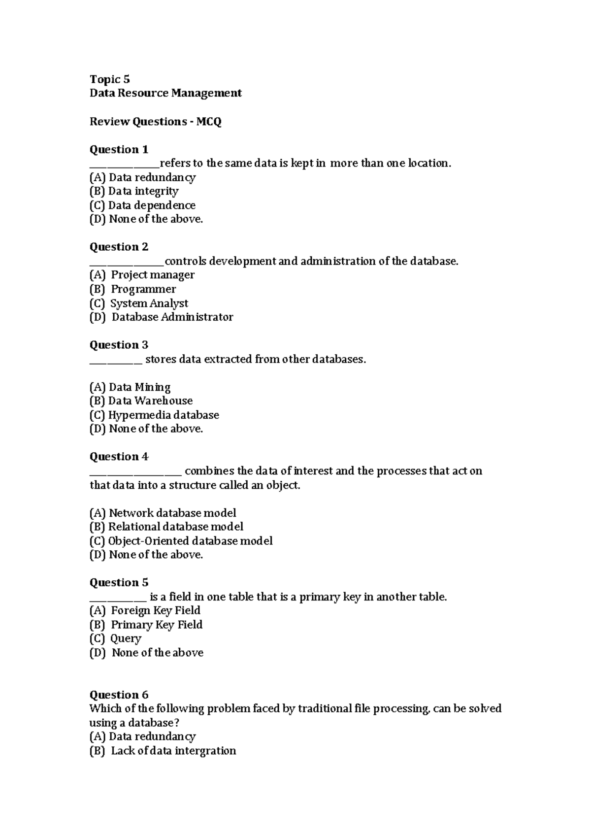 Topic 05 Tutorial Data Resource Management Questions - Topic 5 Data ...