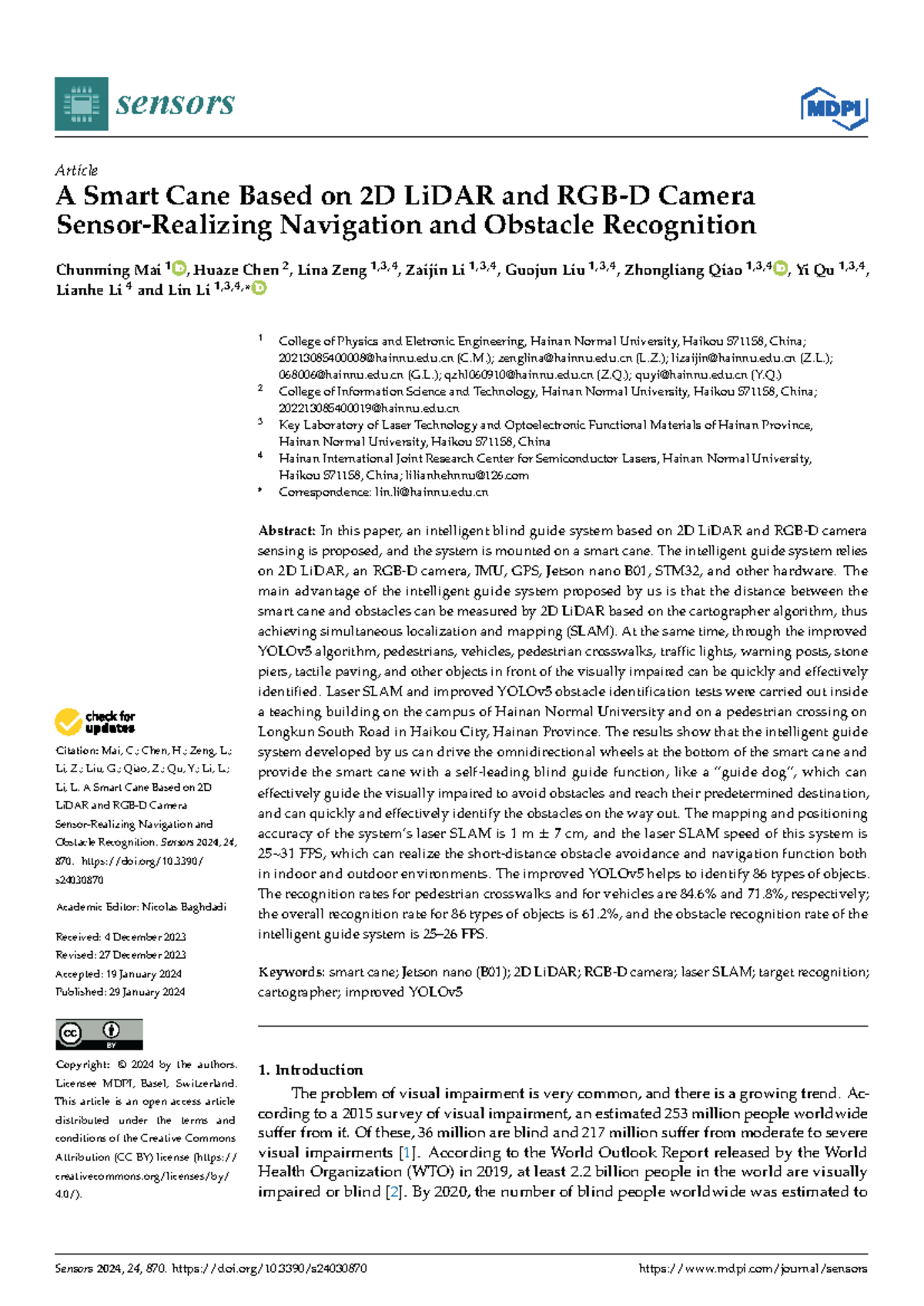 A Smart Cane Based on 2D Li DAR and RGB-D Camera Se - Citation: Mai, C ...