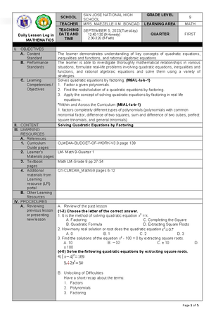 Math9 DLL Sep 8 - DLL MATH 9 WEEK 2 - Daily Lesson Log in MATHEMATICS ...