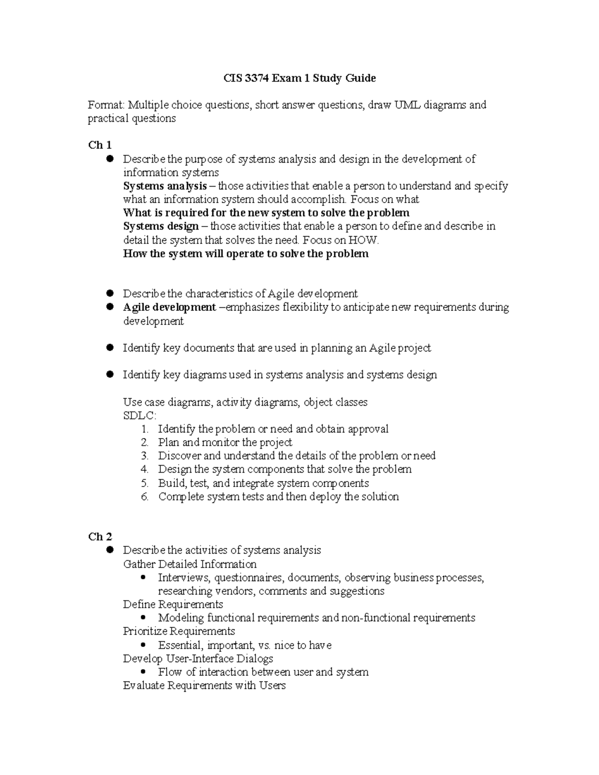 3374 Exam1 studyguide - Summary System Analysis and Design - CIS 3374 ...