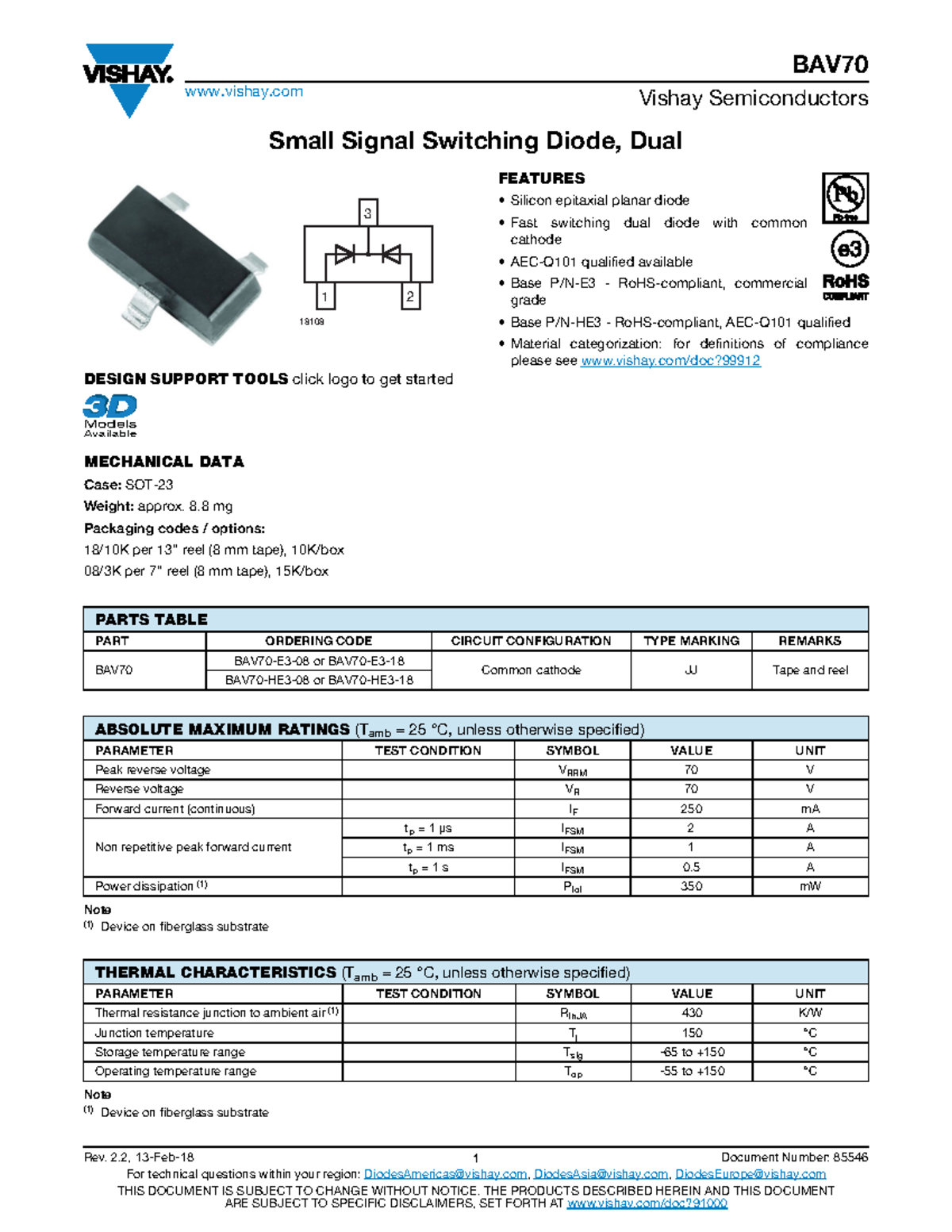 Bav70 - Bav 70 dual switching diode - BAV vishay Vishay Semiconductors Rev. 2, 13-Feb-18 1 ...