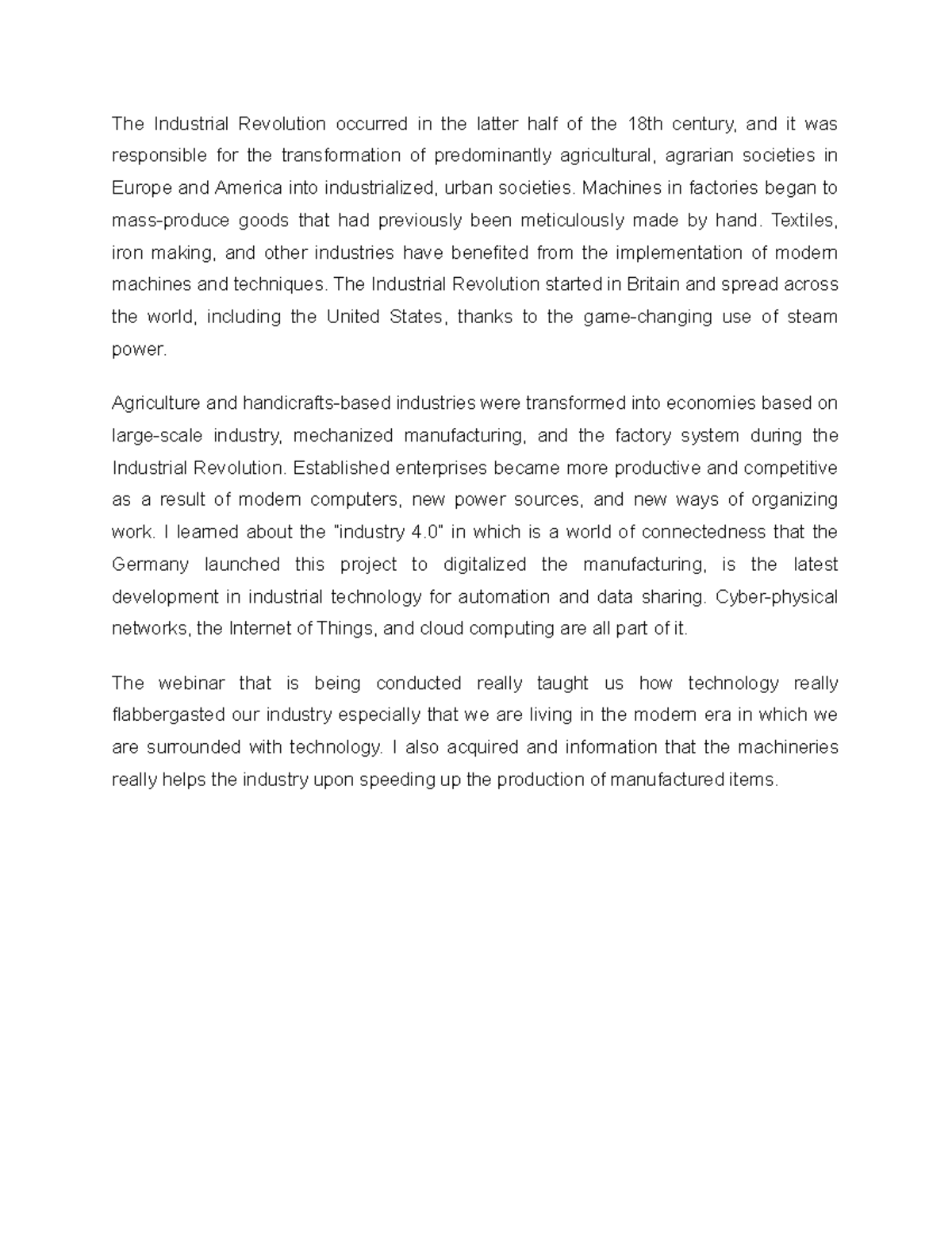 Webinar reflection - The Industrial Revolution occurred in the latter ...