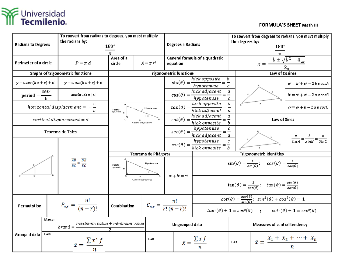 Formula´S Sheet Math III - FORMULA ́S SHEET Math III Radians to Degrees ...
