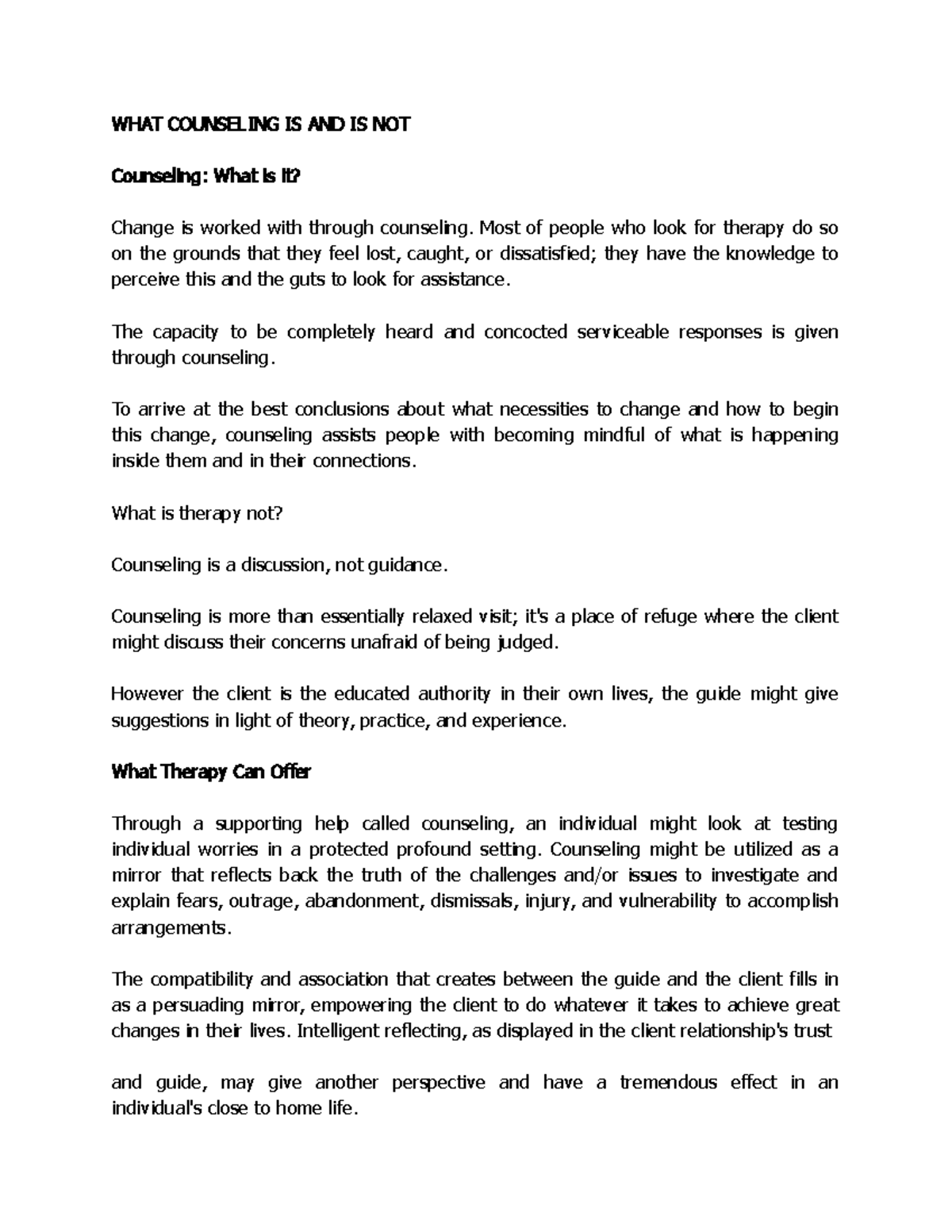 WHAT Counseling IS AND IS NOT - WHAT COUNSELING IS AND IS NOT ...