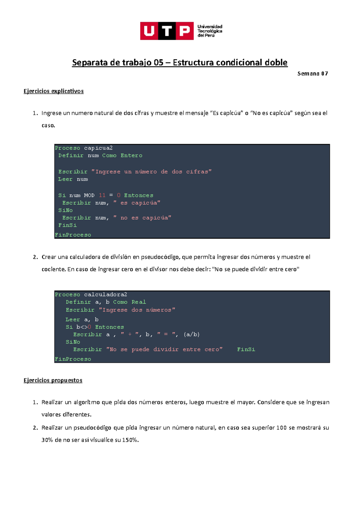 Separata 05 Unidad 02 Aaaaaaaaaa - Separata de trabajo 05 – Estructura condicional doble Semana ...