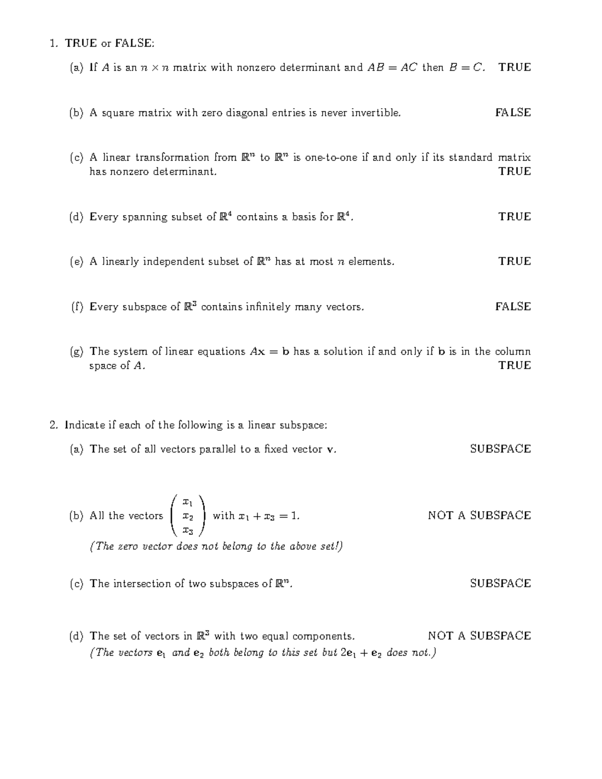 Midterm exam 7 March, answers - 1. TRUE or FALSE: (a) If A is an n n ...