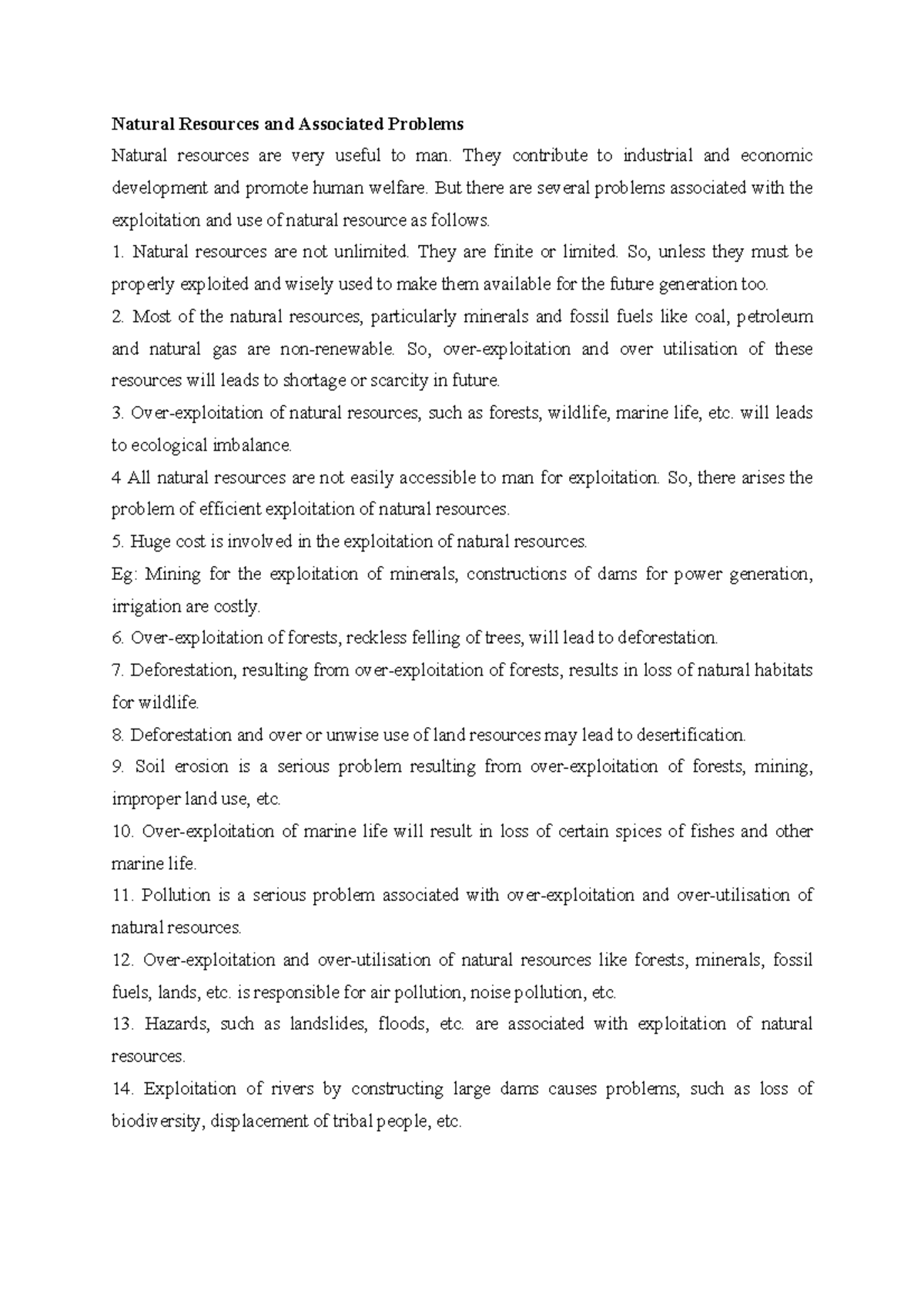 Natural Resources and Associated Problems - They contribute to ...