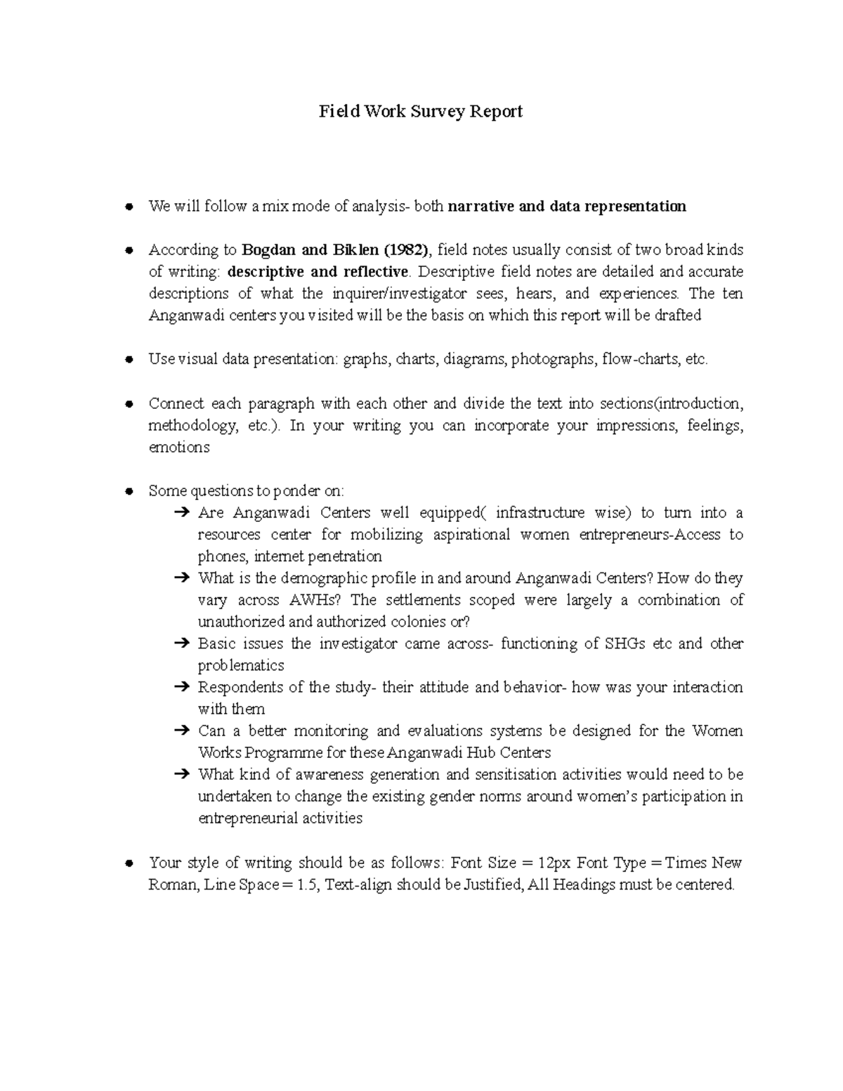 Field Work Survey Report - Descriptive field notes are detailed and ...