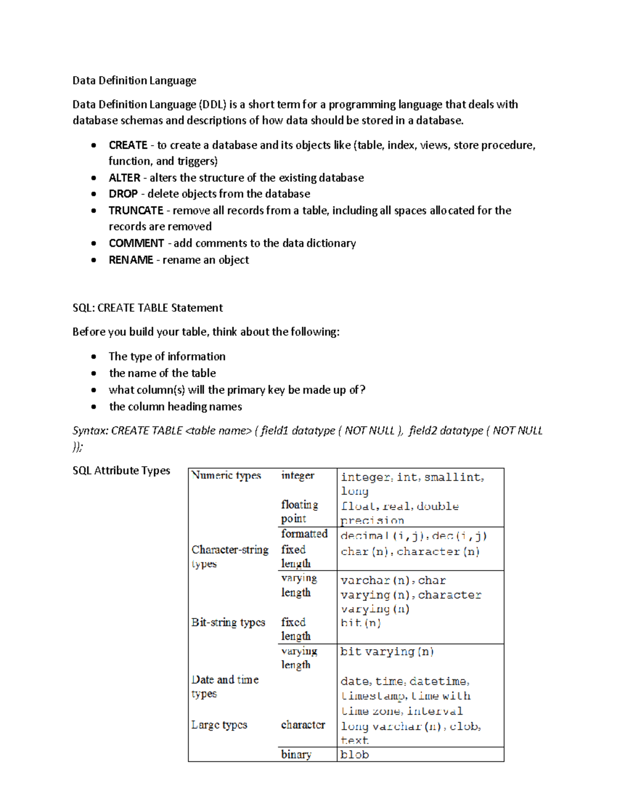 Structured Query Language 2 - Data Definition Language Data Definition ...
