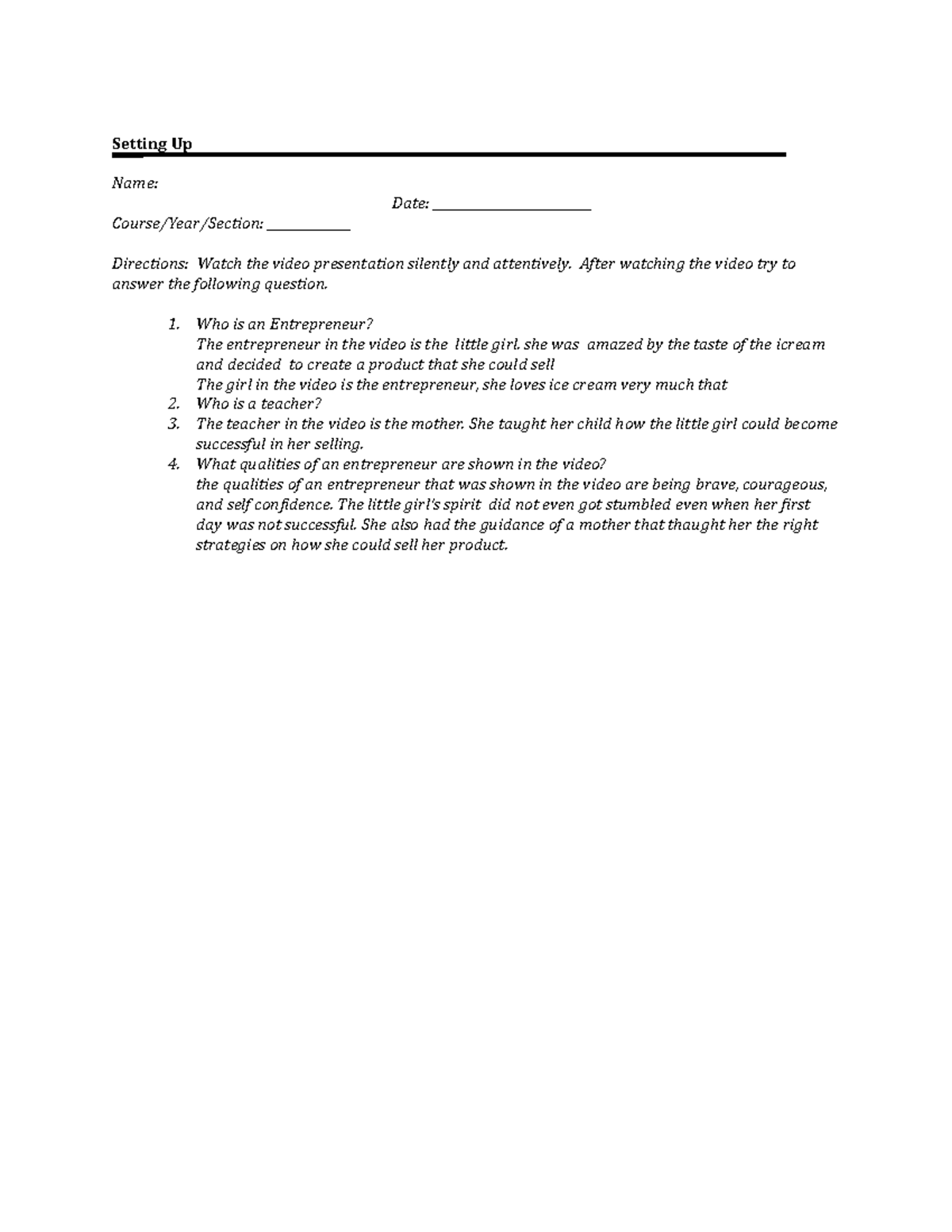 Entrep Behavior UNIT 2 - UNIT 2 ACTIVITIES - Setting Up Name: Date ...