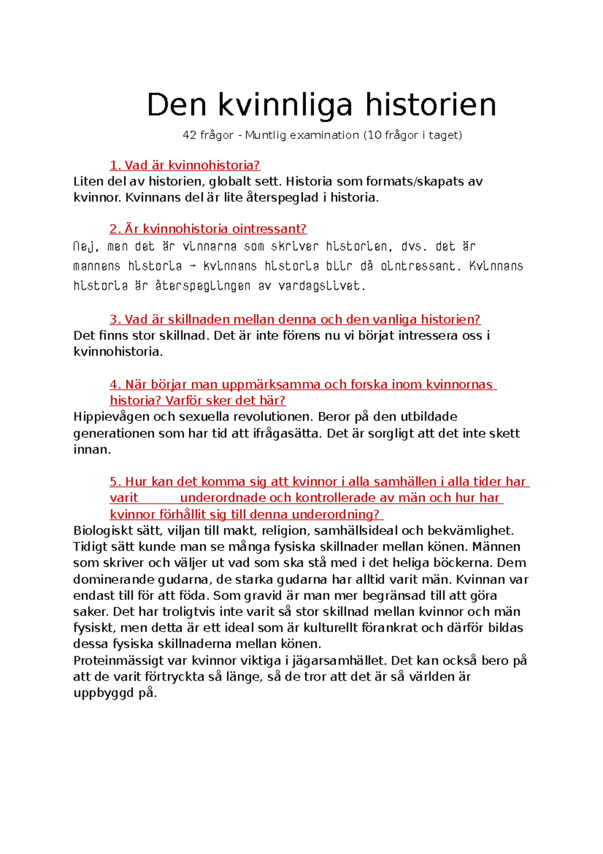 Kvinnohistoria - Den kvinnliga historien 42 frågor - Muntlig ...