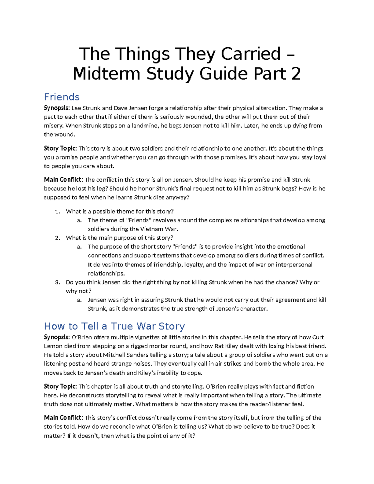 TTTC - Midterm Study Guide part 2 Completed - The Things They Carried ...