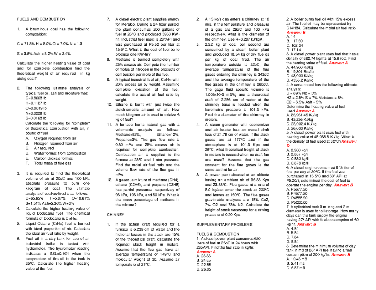 Pdfcoffee - FUELS AND COMBUSTION A bituminous coal has the following composition: C = 71% H = 5% ...
