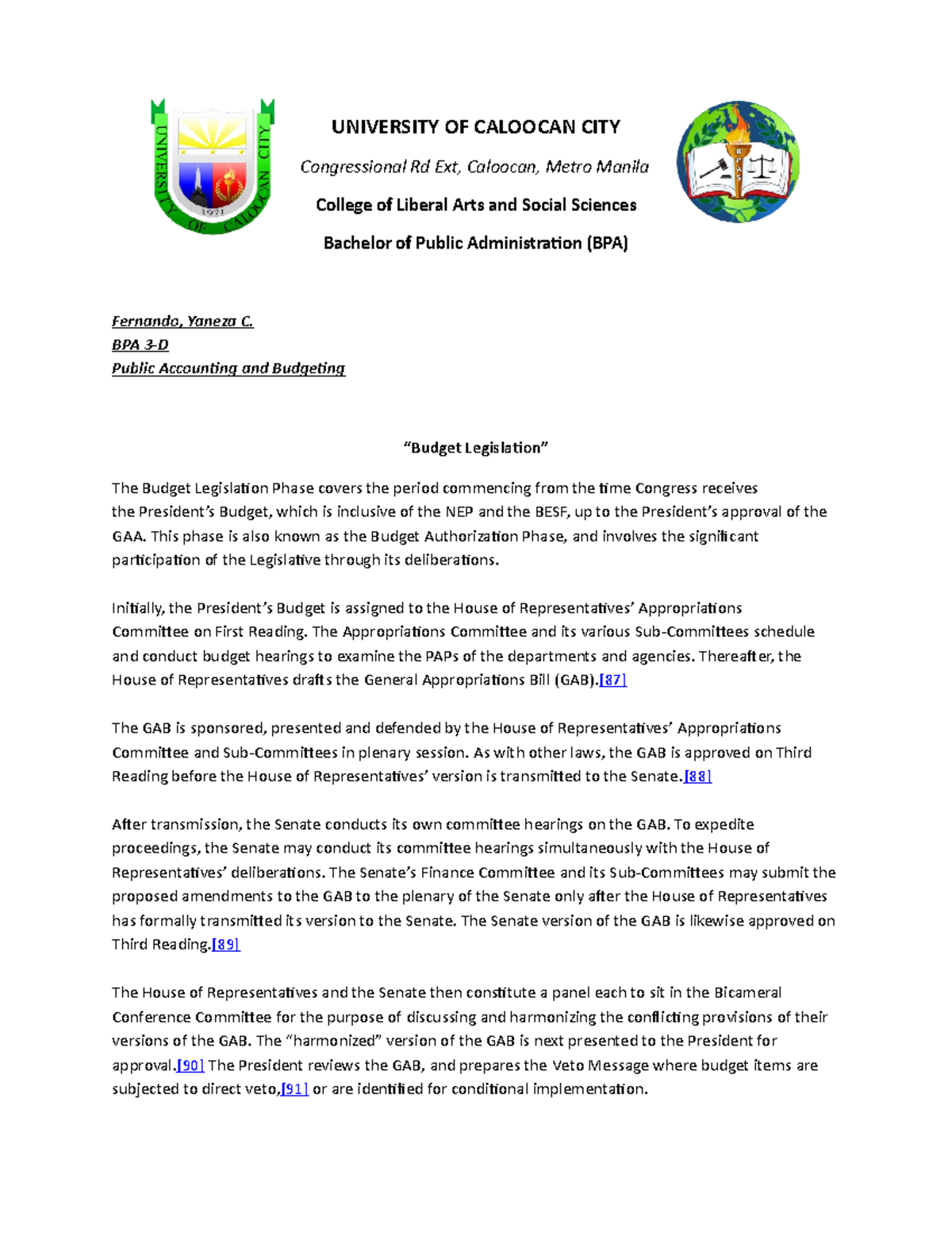 Budget Legislation - Bachelor of Science in Hospitality Management ...