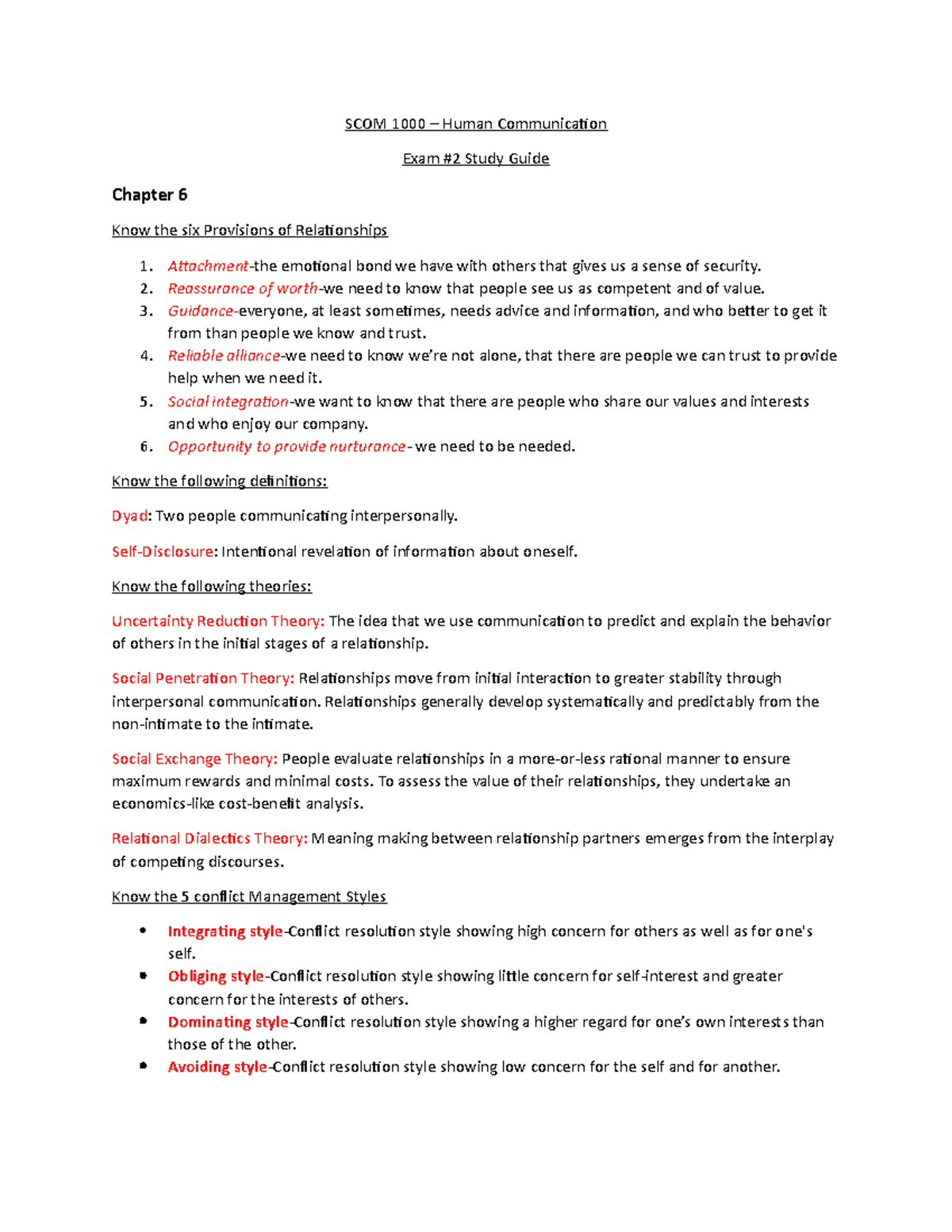 EXAM 2 Study Guide SCOM 1000 - SCOM 1000 – Human Communication Exam #2 ...