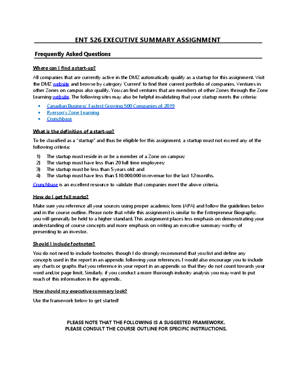 Executive Summary Assignment Guidelines & Checklist [W2021-Wise] - ENT ...