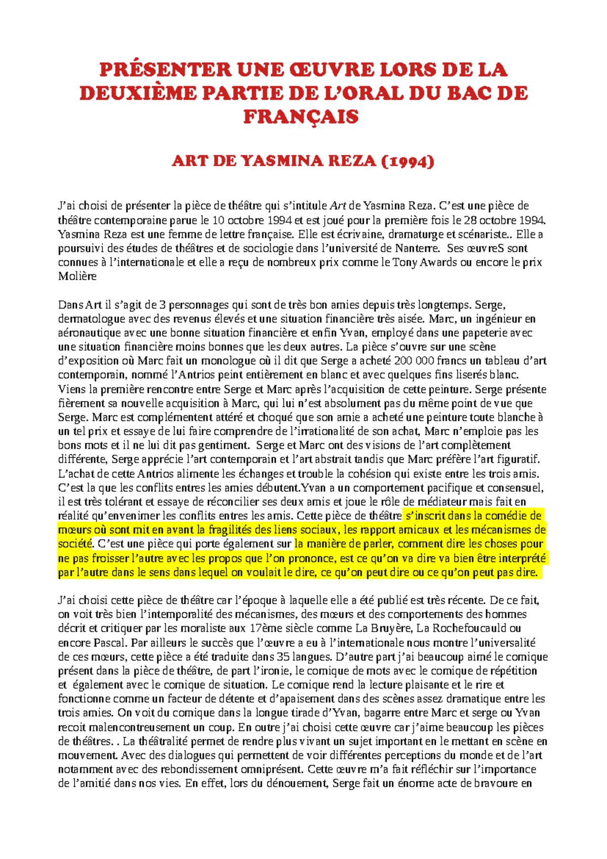 Art de Yasmina REZA - PRÉSENTER UNE ŒUVRE LORS DE LA DEUXIÈME PARTIE DE ...