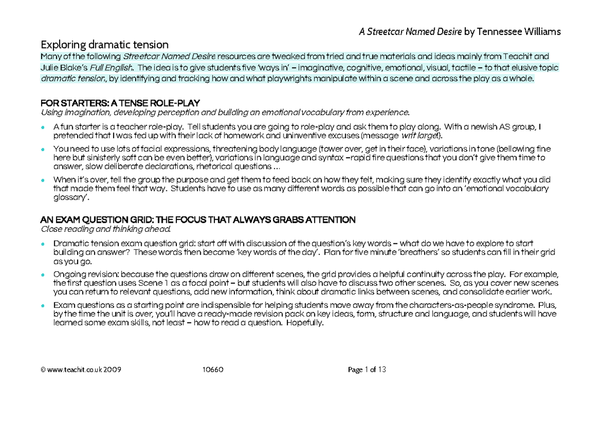 Exploring dramatic tension - The idea is to give students five ‘ways in ...