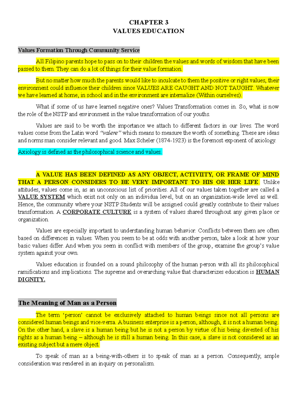 NSTP- Chapter-3 - Notes for use - CHAPTER 3 VALUES EDUCATION Values ...