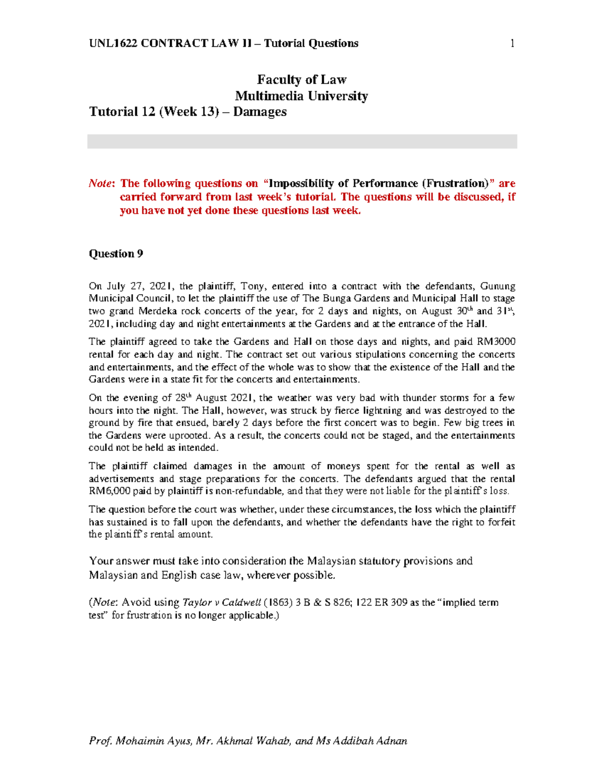 2022 Contract II - Tutorial 12 (Week 13) - UNL1622 CONTRACT LAW II – Tutorial Questions Prof ...